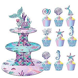 25Pcs Mermaid Cupcake Stand Mermaid Cupcake Toppers and Wrappers 3 Tier Cupcake Stand Holder Mermaid Dessert Table Cake Decor for Wedding, Showers, Birthdays Party Decoraton Supplies