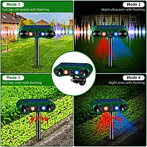 2 Pcs Solar Ultrasonic Animal Repellent, 2024 Nocturnal Animal Deterrent with Motion Detection Siren Red Blue LED Predator Light for Cat Coyote Deer Dog Bird Squirrel Skunk for Yard Lawn Chicken Coop