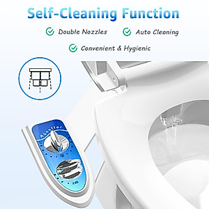 Aünsffer Bidet Attachment for Toilet, Non-Electric Fresh Cold Water, Toilet Bidet with Dual Nozzles Sprayer, Adjustable Water Pressure Control, 3 Modes Wash (Feminine/Bidet Wash + Self-Cleaning)