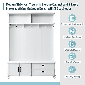 Bellemave Modern Wide Hall Tree with Bench, Shoe Storage, and 2 Large Drawers, White