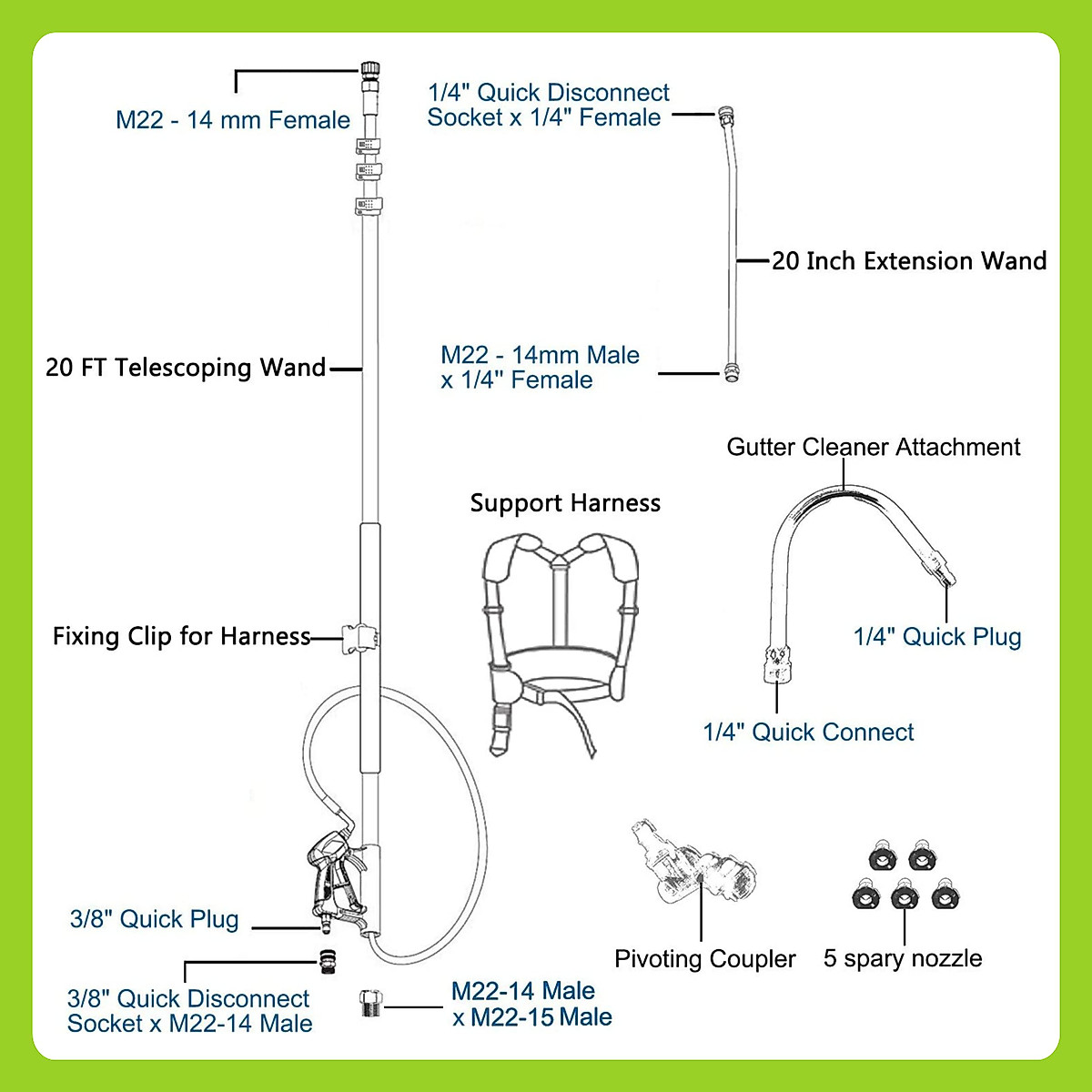 XUNCHI 24 Feet High Pressure Power Washer Telescoping Lance Extension Wand with 1/4 Inch Quick Connection, 5 Spray Nozzle Tips and Harness Belt, Pivoting Coupler, 2 Adapters, 4000 PSI Max Pressure