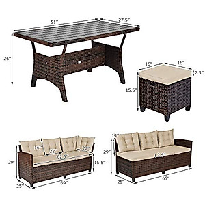 Tangkula 5 PCS Patio Furniture Set, Outdoor Conversation Set with 6 Cushioned Seat 2 Ottomans & Coffee Table, All Weather Wicker Dining Table Set with Ottoman, Rattan Sectional Couch Sofa Set