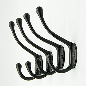 Craftsman Road Vintage Cast Iron Wall Hooks (Black Texture Finish, Set of 4) - Rustic, Farmhouse Coat Hooks | Great for Coats, Bags, Towels, Hats | Classic Slender
