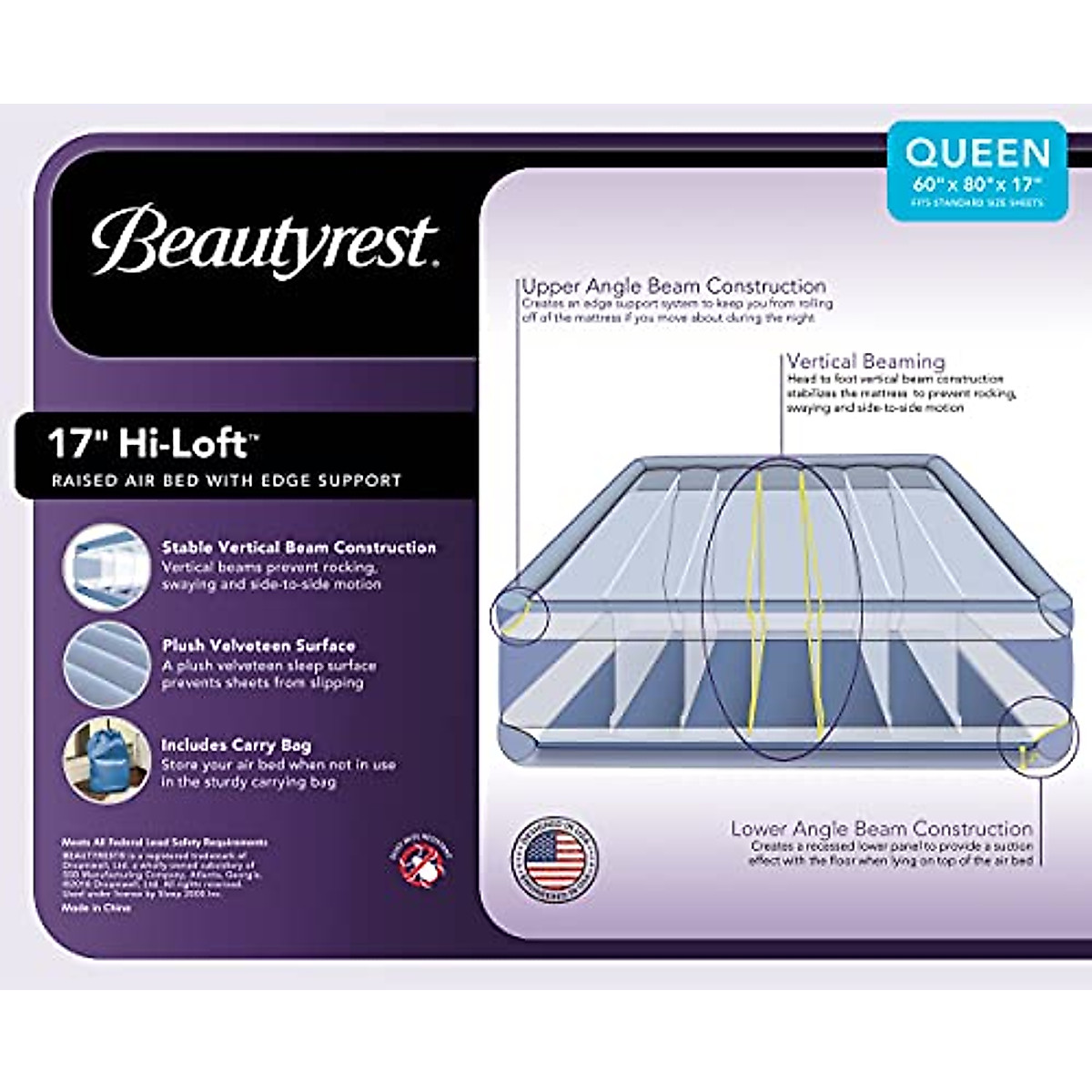 Beautyrest Hi Loft Air Bed Mattress with Pump and Edge Support, 17" Queen