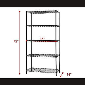 5 Tier Wire Shelving Unit 72"x36"x14"Storage Shelves Metal Wire Shelf Storage Rack Adjustable Commercial Organizer Heavy Duty Layer Unit for Restaurant Garage Pantry Kitchen Office (Black)