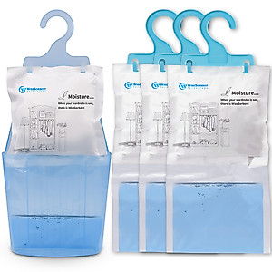 Wisesorb Moisture Absorber Packets with Plastic Case & Hook, Odor Eliminator, Leak Proof, Fragrance Free, Humidity Packs, Hanging Closet Dehumidifier Bags, Moisture Absorber (4 Packs)