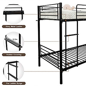 Bonnlo Bunk Bed Twin Over Twin, Twin Bunk Beds for Kids/Teens/Adults, Flat Ladder and High Guardrail, Metal Bunk Bed with Stairs, Black