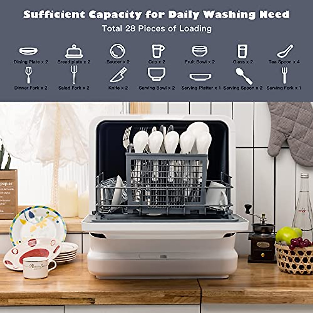 ARLIME Compact Countertop Dishwasher, Portable Dishwasher W/7.5-L Built-in Water Tank, 5-Program, 360° Dual Spray, 24H Air-Dry Function, Child Lock, Mini Dishwasher for Apartments, Dorms & RVs, White