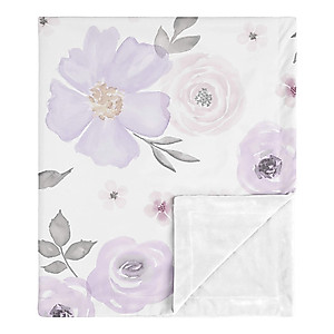 Sweet Jojo Designs Shabby Chic Rose Flower Watercolor Floral Baby Girl Receiving Security Swaddle Blanket for Newborn or Toddler Nursery Car Seat Stroller Soft Minky - Lavender Purple, Pink and Grey