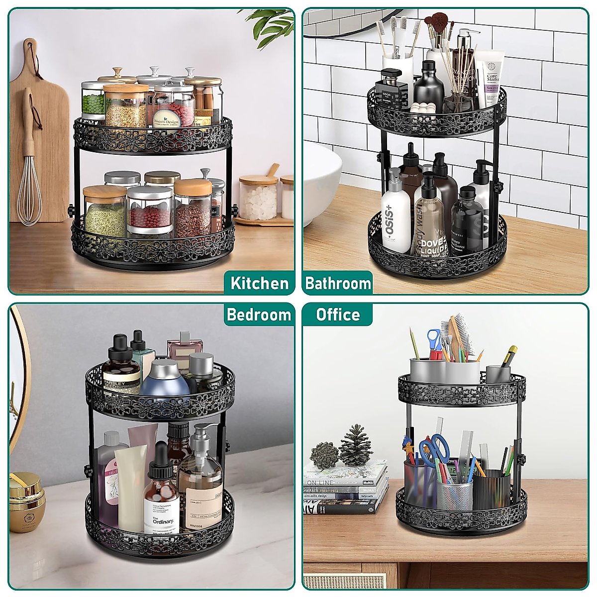 10" Lazy Susan Organizer, 2 Tier Lazy Susan Turntable for Cabinet, Countertop, Kitchen, Pantry, Height Adjustable Rotating Spice Rack Organizer with Non-Slip Pad for Dining, Countertop, Bathroom