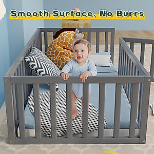 Zevemomo Twin Size Floor Bed for Kids & Children, Twin Montessori Floor Beds with Safety Guardrails and Door, Wood Beds for Kids & Childrens, Boys and Girls, Easy Assembly(Grey)