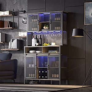 QNICE 71" LED Lights Industrial Kitchen Hutch Cabinet/Dining Room Hutch with Sliding Barn Door/Freestanding Kitchen Pantry Cupboard with Wine Rack/Dark Rustic Oak