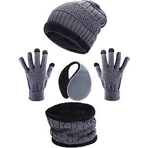 Tatuo 4 Pcs Winter Hat and Gloves Set for Men and Women and Kids Ski Warm Fleece Knit Beanie Hat Warmer Scarf Earmuff(Grey)