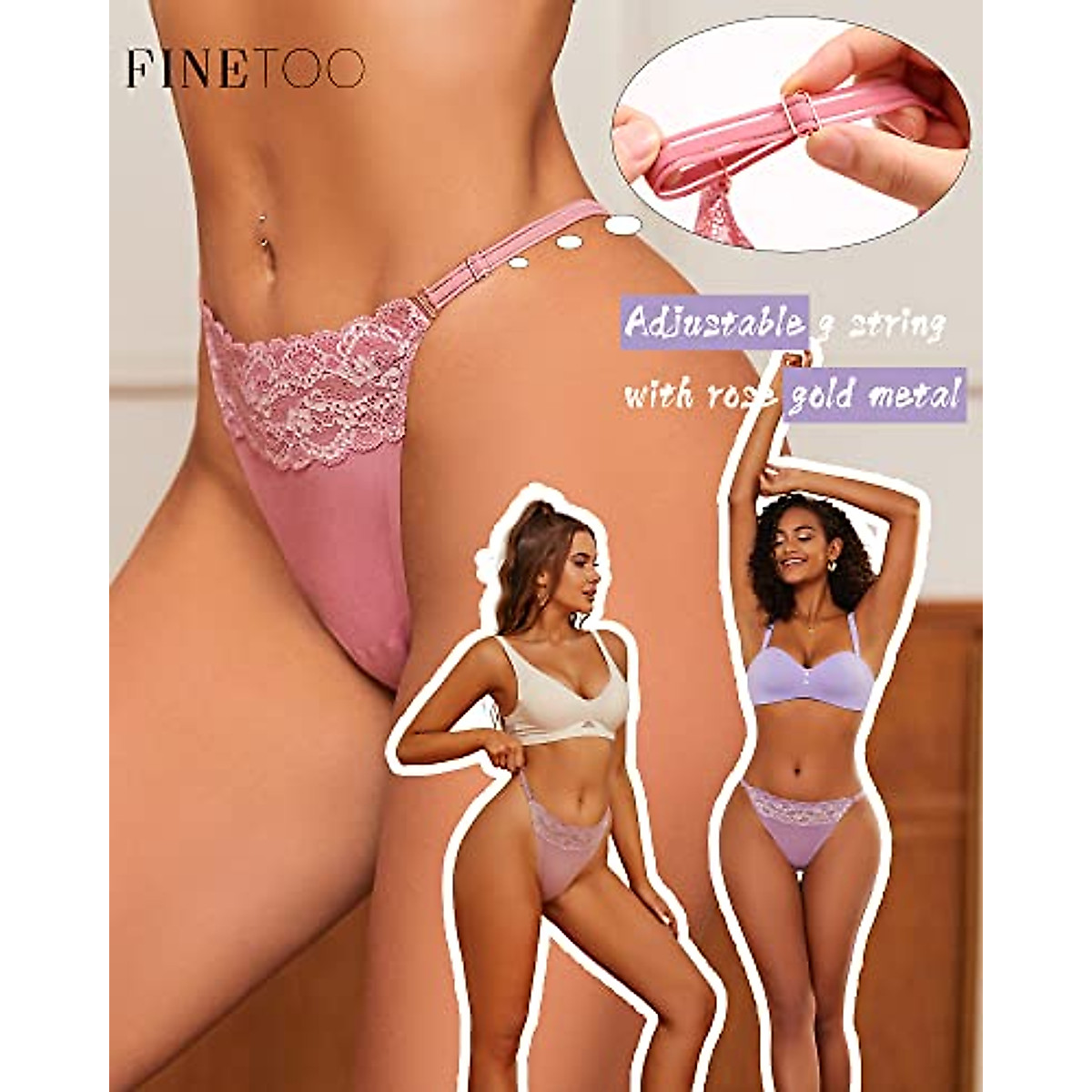 FINETOO 6 Pack Adjustable G String Thongs for Women Seamless Underwear High Cut Lace Trim Thong Womens Panties Sexy S-XL
