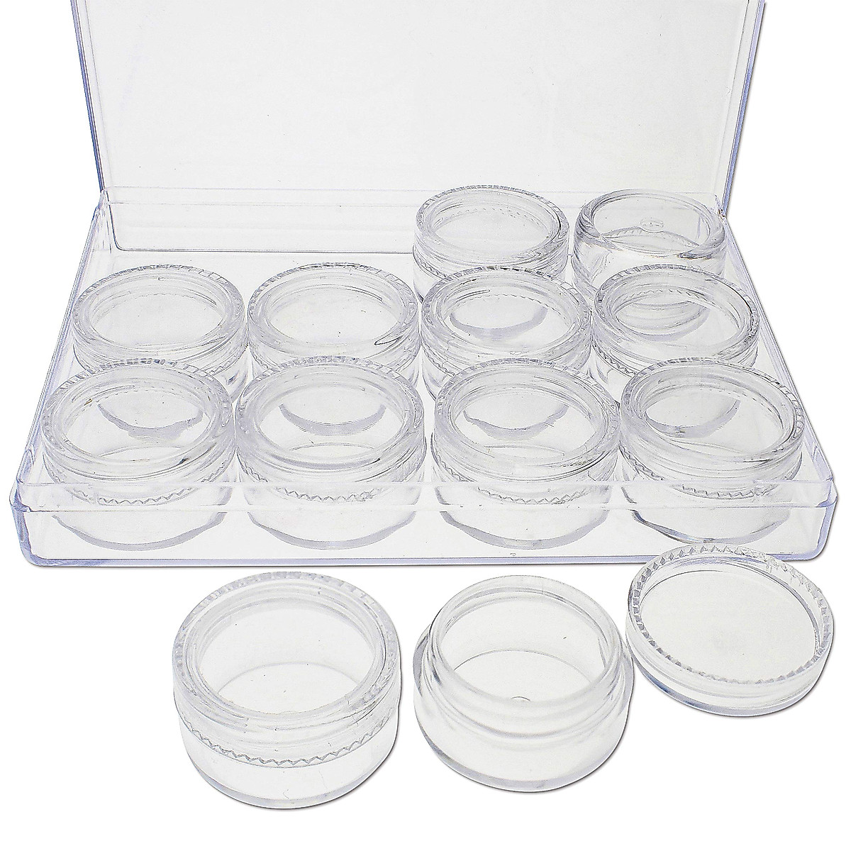 The Beadsmith Personality Case - Clear Storage Organizer Box, 5 x 3.75 x 0.9 inches - Includes 12 Small Containers with lids - 1.2 x 0.7 inches, Bead Holder