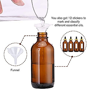 PrettyCare Eye Dropper Bottles 4 oz 4 Pack (Glass Bottles 120ml with Golden Caps, 12 Labels, Funnel & Measured Pipettes) Empty Tincture Bottles for Essential Oils (Amber)