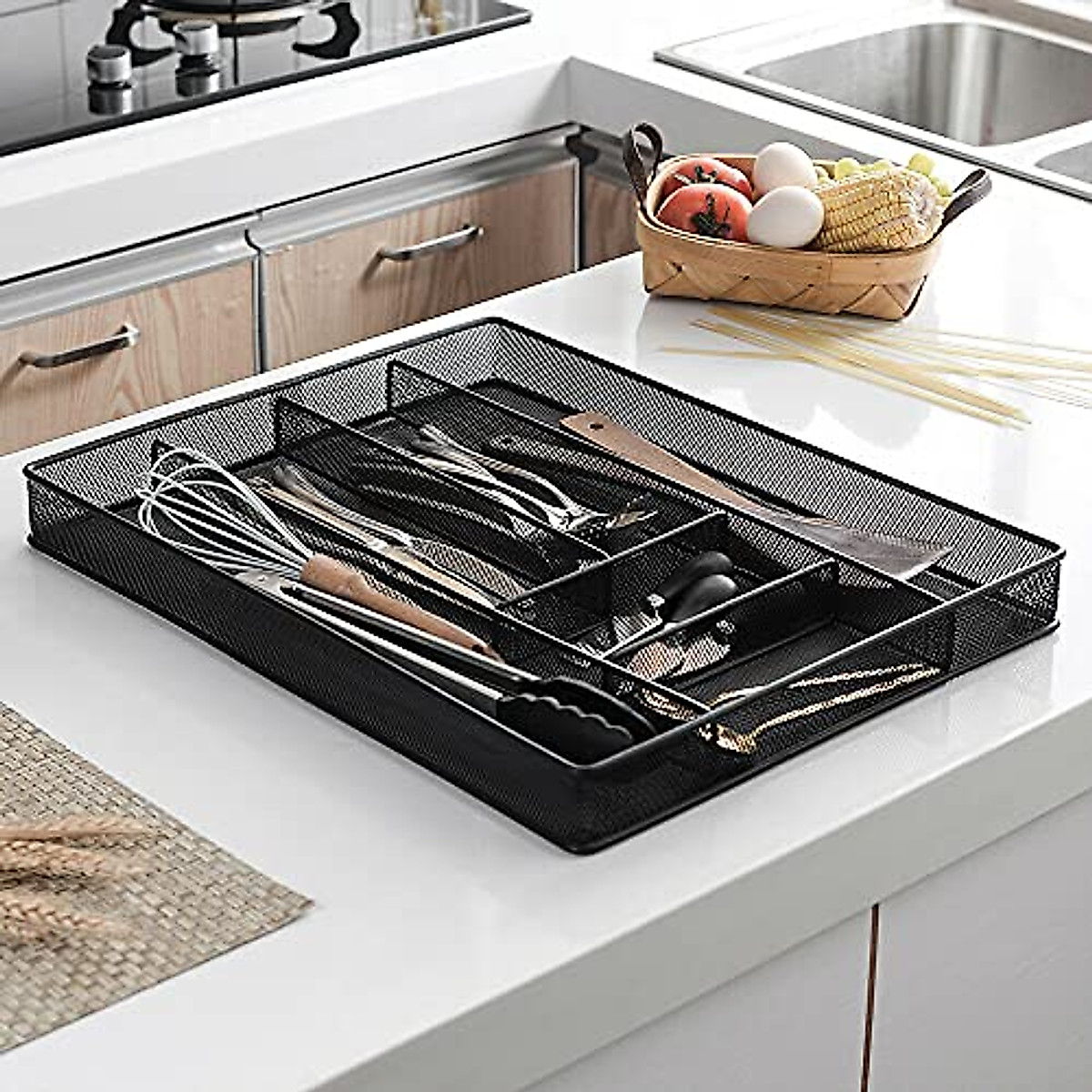 Velaze Black Cutlery Organizer Kitchen /Office Mesh Steel Utensil Drawer Storage