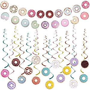 OctinPris 4-Sets Donut Party Banners & Spiral Danglers Decoration Donut Garland Kit Donut Party Decorations Donuts Hanging Swirl Papercutouts Ceremony décor.