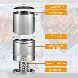 RIIGOOG Large Portable Charcoal Grills, Stainless Charcoal BBQ Grill Barrel 360° Smokeless Outdoor Barbecue Grill for Travel, Outdoor Cooking and BBQ, Camping Grill Picnic Patio Backyard