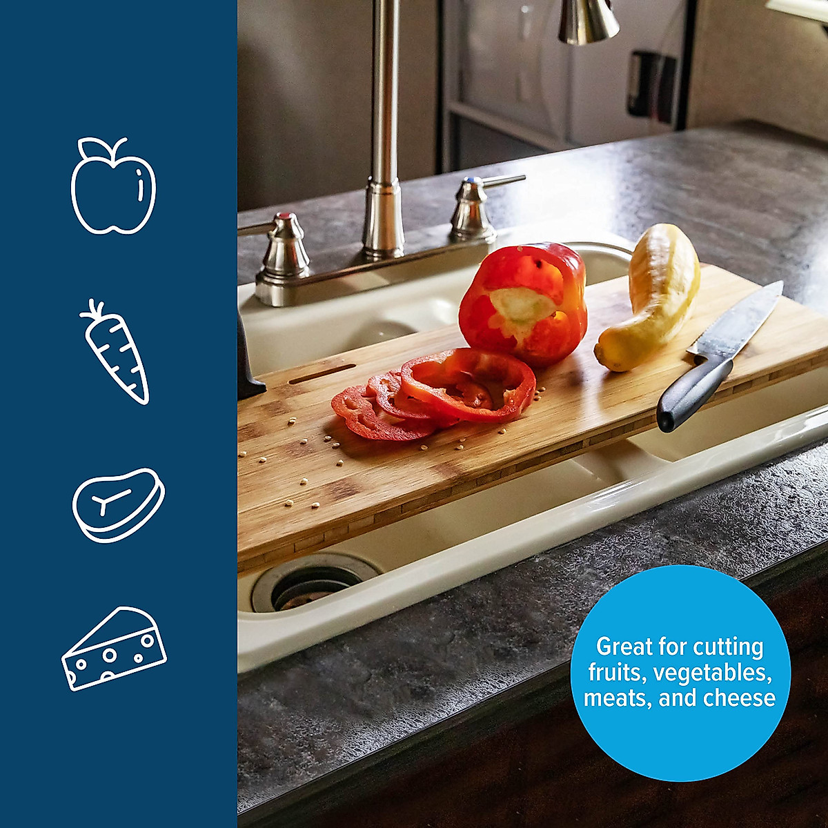 Camco RV/Marine Over The Sink Cutting Board | Features Adjustable Non-Slip Feet, Built-in Knife Slots, and a Durable 3-Ply Bamboo Construction | 24-inches x 8-inches (43543), Brown