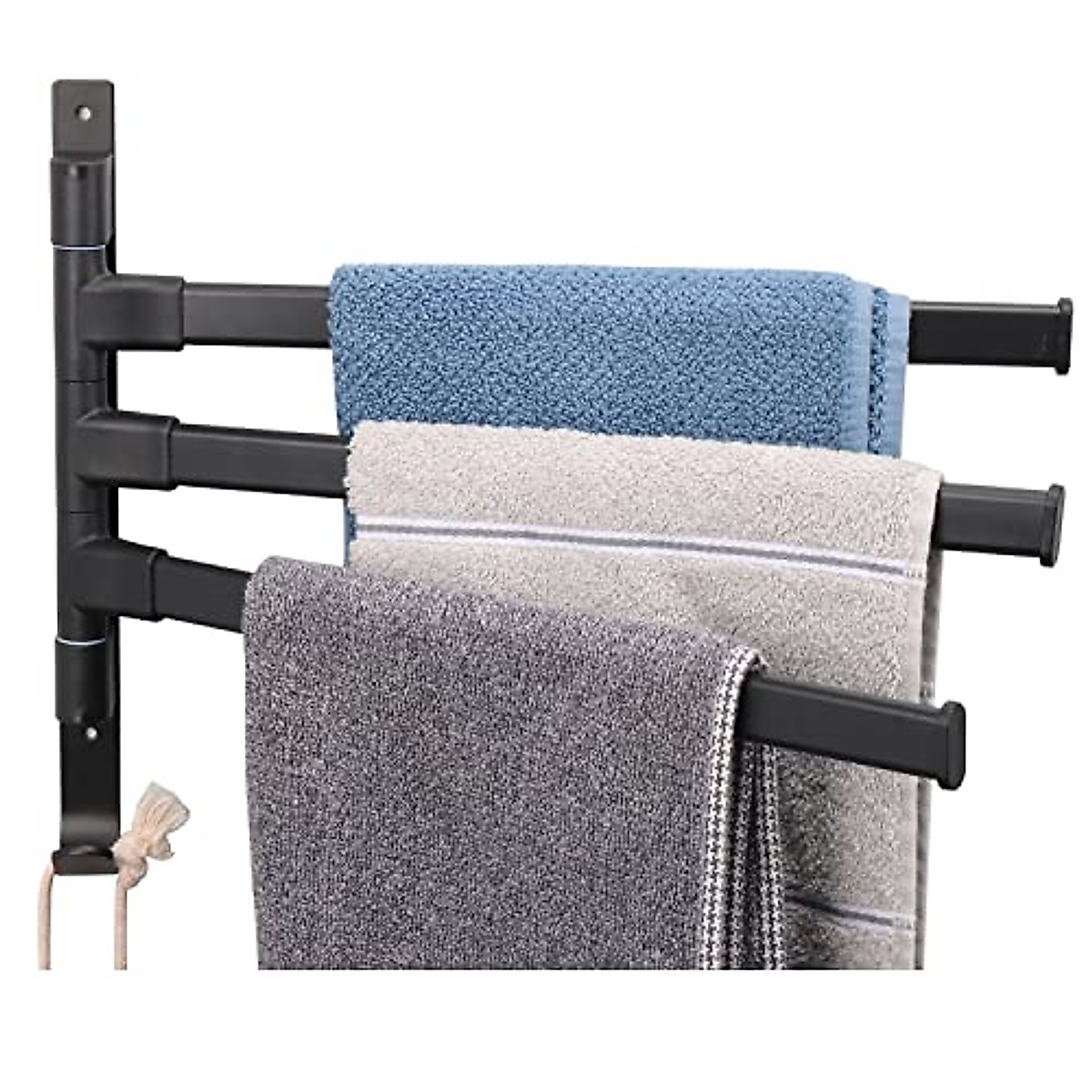 TocTen Swivel Towel Rack, Rustproof and Durable Space Saving Towel Hanger, Towel Bar Swing Out 180° Rotation, Wall Mounted/Glue Mounted Towel Rod with Hook for Bathroom, Kitchen (3-Arm, Black)