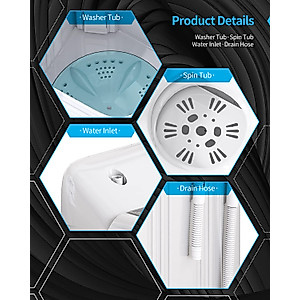 TABU 28lbs Portable Washing Machine with Drain Pump, Laundry Compact Washer Machine, Twin Tub Washing Machine, Washer and Spiner Machine for Dorms, Apartments, RVs (White & Black)