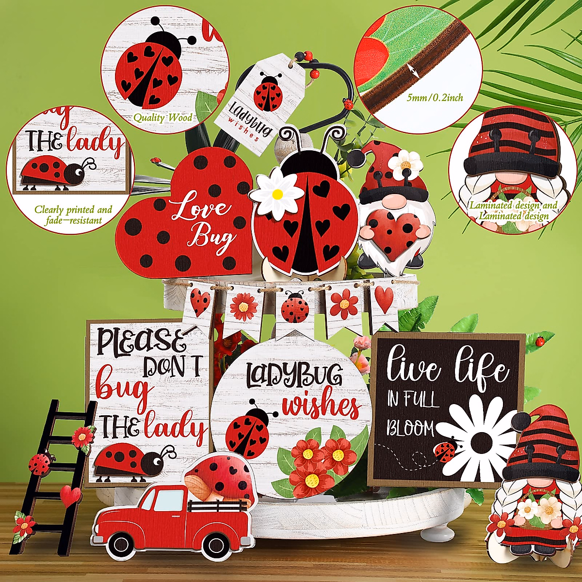 Maitys 15 Pieces Ladybug Tiered Tray Decor Set Spring Summer Wooden Blocks Sign Rustic Farmhouse Decor Ladybird Tiered Tray Decorative Trays Signs for Home Kitchen Shelf Table Decorations