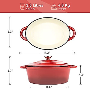 Kerilyn 4.5 QT Enameled Oval Dutch Oven Pot with Lid and Dual Handles, Cast Iron Dutch Oven for Cooking, Bread Baking, Non-stick Enamel Coated Cookware (Red)