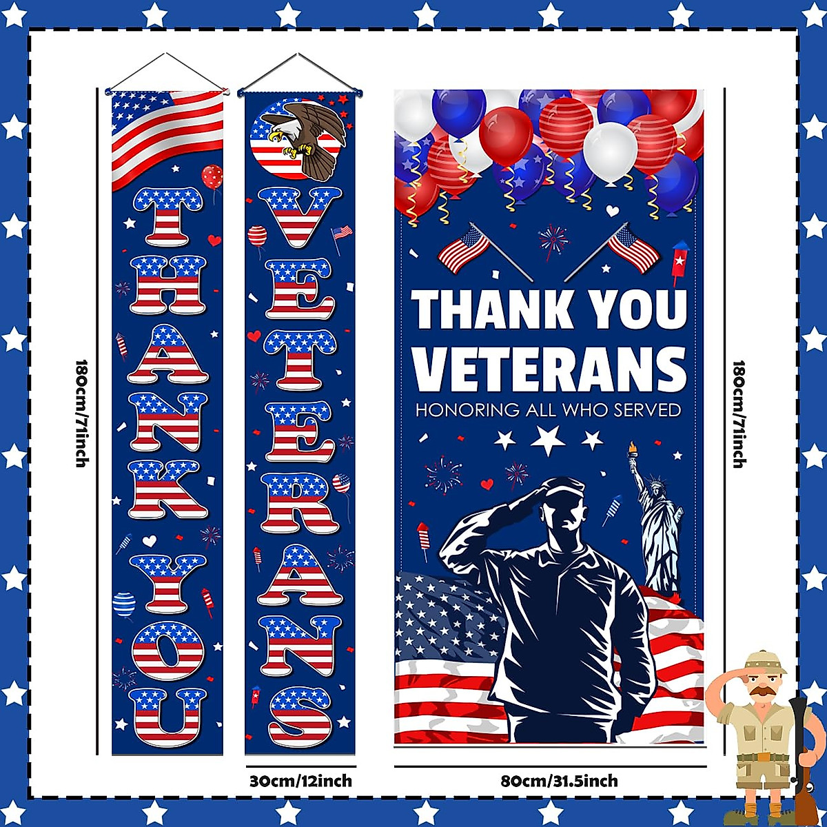 3pcs Memorial Day Decorations Banner Decorations Thanks You Veterans Porch Sign Banner Door Cover Decorations for Welcome Hanging Home Outdoor Indoor Wall Decor