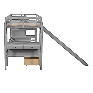 Harper & Bright Designs Twin Over Twin Bunk Bed with Stairs, Slide, Desk, Solid Wood Bunk Bed with Storage Drawers and Shelves, for Kids Teens Adults (Gray)