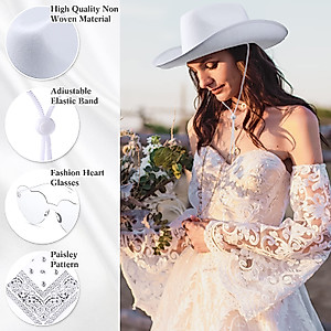 Coume 18 Pcs Cowboy Hat with Heart Sunglasses and Paisley Bandanas Western Cowgirl Hat for Halloween Cosplay Costume(White,Simple Style)