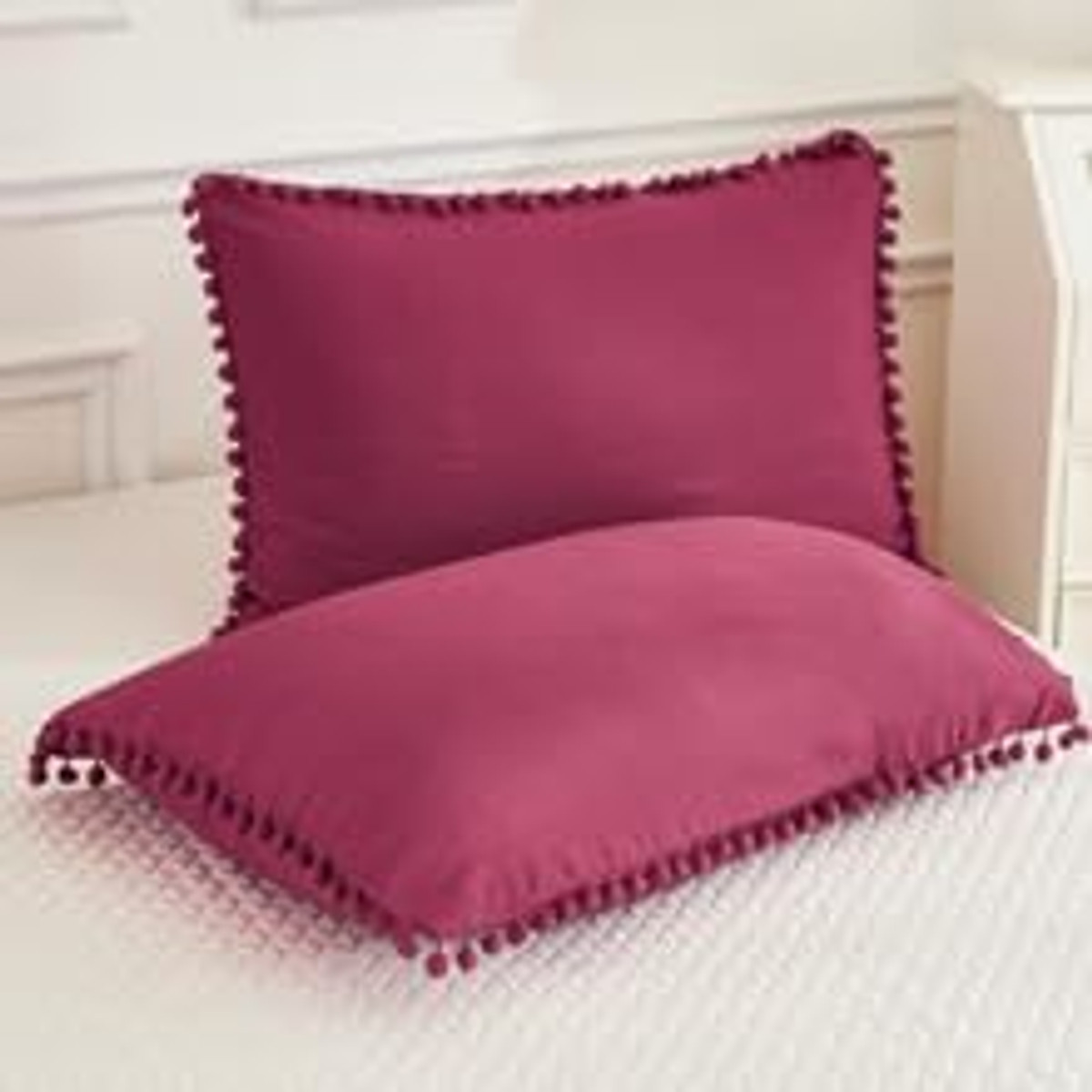 Andency Pom Pom Fringe Duvet Cover Queen Size (90x90 Inch), 3 Pieces (1 Solid Burgundy Red Duvet Cover, 2 Pillowcases) Soft Washed Microfiber Duvet Cover Set with Zipper Closure, Corner Ties