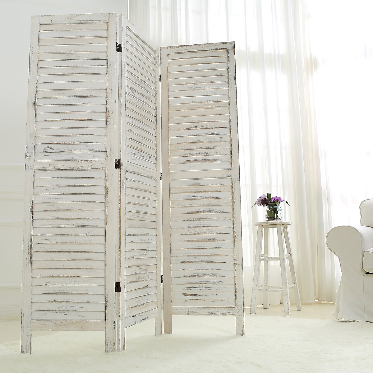 MyGift Whitewashed Wood 3 Panel Screen, Folding Louvered Room Divider