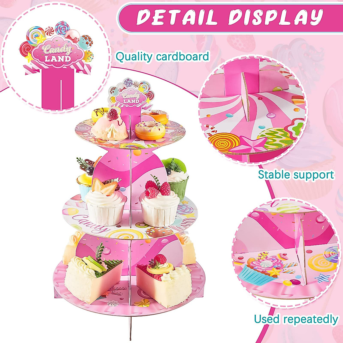 Zubebe 2 Pcs Candyland Party Decorations 3 Tier Cupcake Holder Candyland Decorations Pink Cupcake Stand Candyland Cardboard Cupcake Holder Candy Land Dessert Stand for Birthday Baby Shower Shop Party