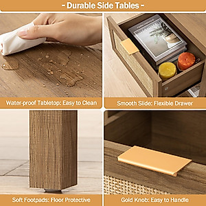 SICOTAS Rattan Nightstand Tall End Table - Farmhouse Side Table with Storage Cabinet Boho Night Stand Bedside Table for Bedroom, Small Space