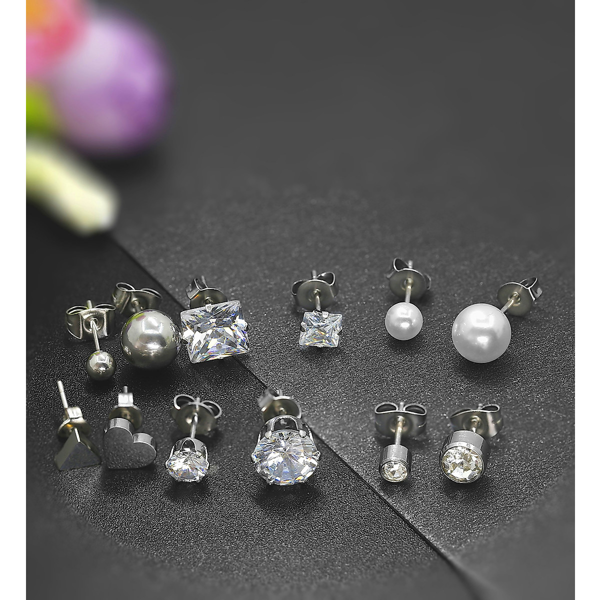 Thunaraz 12Pairs Surgical Steel Stud Earring Set Earring Ball Triangle Heart CZ Earring