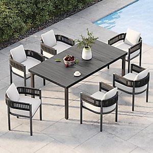 Grand patio 7-Piece Outdoor Dining Set for 6, Grey Metal Black Woven Wicker Fixed Patio Chairs with Thickened Cushions & 1 Rectangular Woodgrain Dining Table with Umbrella for Hole Backyard Deck