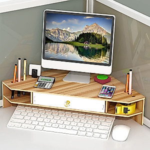 Triangle Monitor Riser,Corner Computer Monitor Stand with Drawer,Wooden Triangle Save Space Desktop Computer Stand with Office Organization,Desktop Corner Shelf with Drawers Wooden Laptop Stand Riser