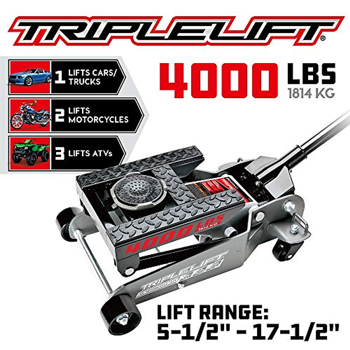 Powerbuilt 2 Ton Triple Lift Floor Jack, Lifts Cars, Trucks, Motorcycles, ATV's, Transmissions, Tie-Down Loops, Locking Safety Bar - 620422E