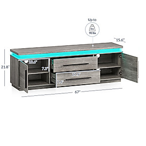 BELLEZE 67" TV Stand for TV up to 75", Modern Entertainment Center with LED Lights Change to Melody of Music, Media Console Table with Cabinets and Drawers for Living Room, Bedroom - Studio (Grey)