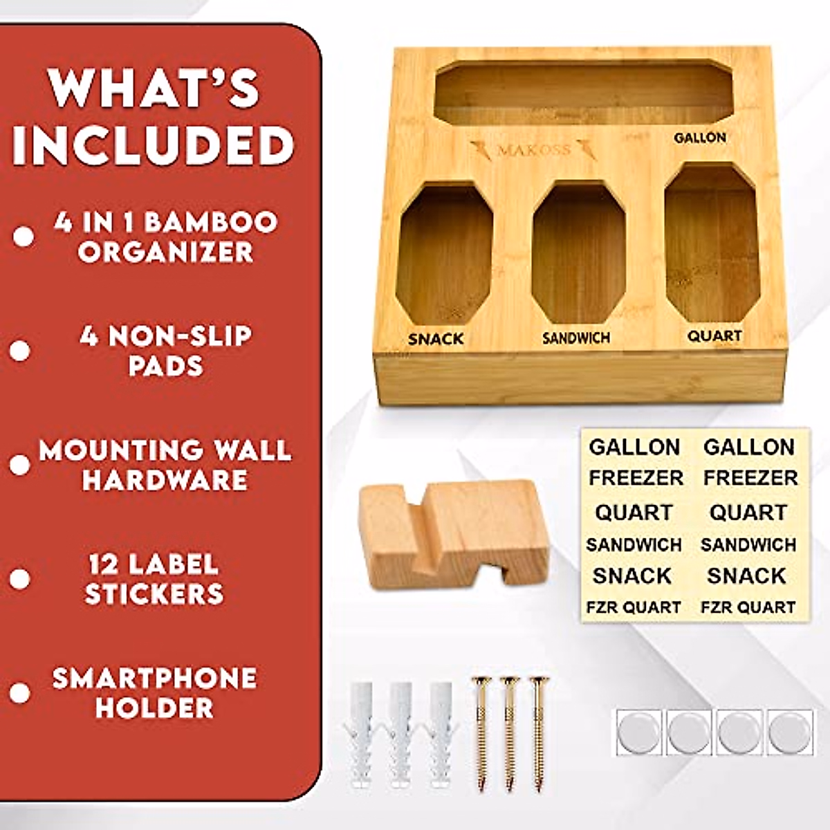 MAKOSS Premium Bamboo Ziploc Bag Storage Organizer & Dispenser Kitchen Wall Drawer- Zip loc Baggie Organizer - Food Storage Plastic Bag Holder of Gallon, Slider Quart, Sandwich, Snack Valentine deals