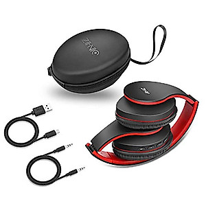 ZIHNIC Bluetooth Headphones Over-Ear, Foldable Wireless and Wired Stereo Headset Micro SD/TF, FM for Cell Phone,PC,Soft Earmuffs &Light Weight for Prolonged Wearing (Black/red)