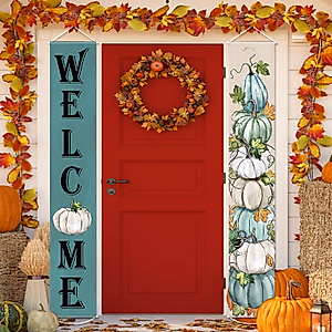 Tiamon Thanksgiving Door Banners Welcome Fall Porch Sign Banners Pumpkin Hanging Banners Autumn Harvest Door Decorations Fall Decorations for Yard Indoor Outdoor Wall Party Supplies Decor