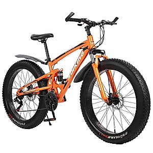 DSVF 26in 4.0 Fat Tire Mens Mountain Bike Road Bicycle, Medium Aluminum Frame City Bike, 21 Speed Adults Teens Road Bicycle Disc Brake Aluminum Soft Cushion Racing Bike【US Stock】 (Orange)