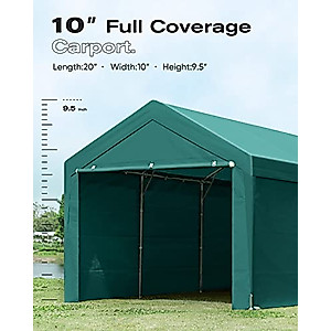 FINFREE 10 x 20 ft Heavy Duty Carport with Removable Sidewalls and Doors，Car Cnopy with 4 sandbags, Garage Shelter for Outdoor Party, Birthday, Garden, Boat, Green
