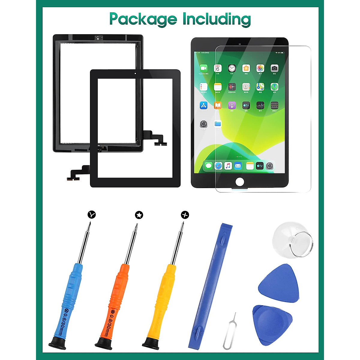 SRJTEK for iPad 2 Touch Screen Replacement A1397 A1395 A1396 Touch Digitizer Glass Parts,with Home Button + Cameral Holder + Pre-Installed Adhesive + Middle Frame Bezel(Black)