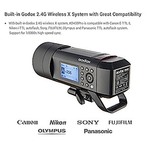 Godox Flash Strobe AD400 Pro AD400Pro All-in-One Outdoor Studio Monolight 400W Photographic Lighting for Canon Sony Nikon Fuji Olympus Panasonic Camera TTL 2.4G HSS GN72-30W LED Modeling Lamp