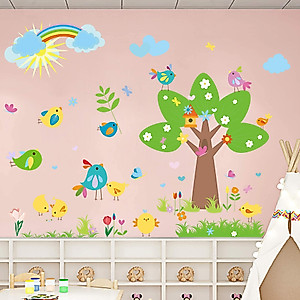 RW-1066 Cute Birds Animals Wall Decals Big Tree Wall Stickers Flowers Birds Animals Decals DIY Removable Birds Butterfly Wall Art Decor for Kids Baby Bedroom Living Room Nursery Classroom Decoration