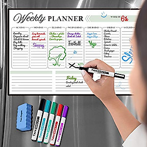 Magnetic Dry Erase Weekly Calendar for Refrigerator - 17X12” - 5 Fine Tip Markers and Large Eraser with Magnets - Stain Resistant Surface - Whiteboard Organizer Planner. Perfect Fridge White Board
