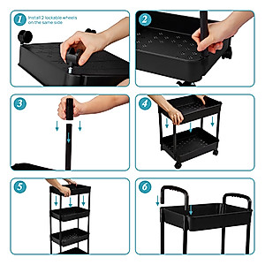 Vtopmart 4 Tier Rolling Cart with Wheels, Detachable Utility Storage Cart with Handle and Lockable Casters, Storage Basket Organizer Shelves, Easy Assemble for Bathroom, Kitchen, Black